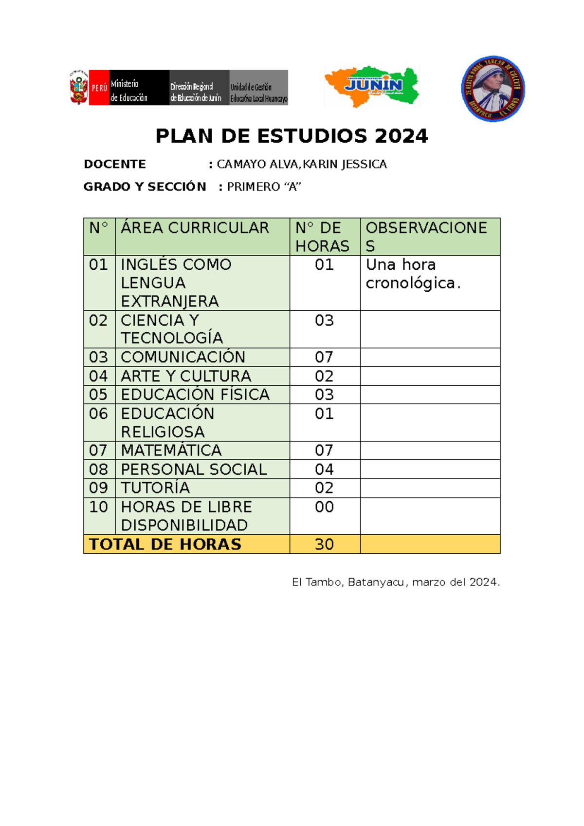 Horario - efwe - PLAN DE ESTUDIOS 2024 DOCENTE : CAMAYO ALVA,KARIN ...