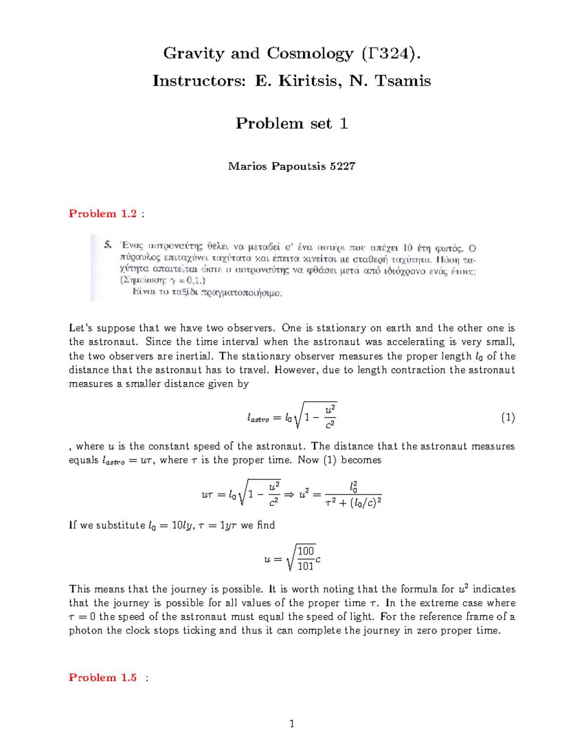 Special Relativity Problems - Gravity and Cosmology (Γ324). Instructors ...