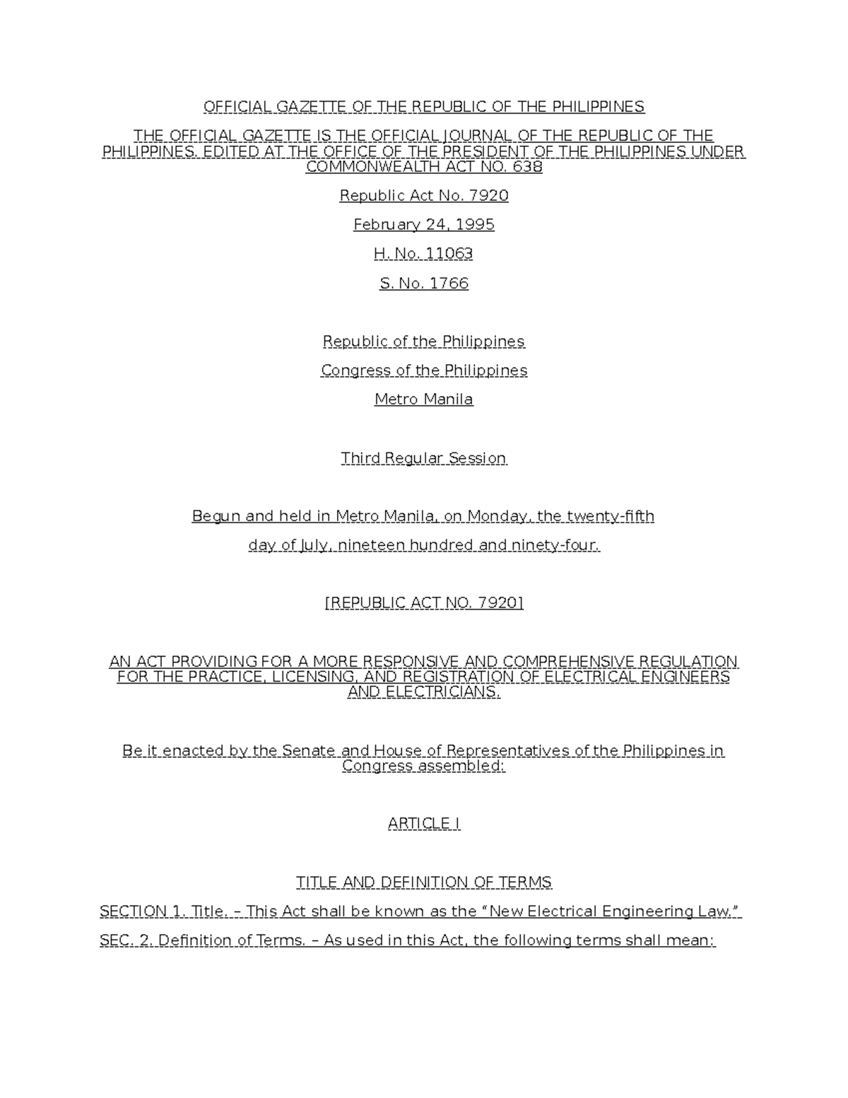 EE LAW - N/A - OFFICIAL GAZETTE OF THE REPUBLIC OF THE PHILIPPINES THE ...