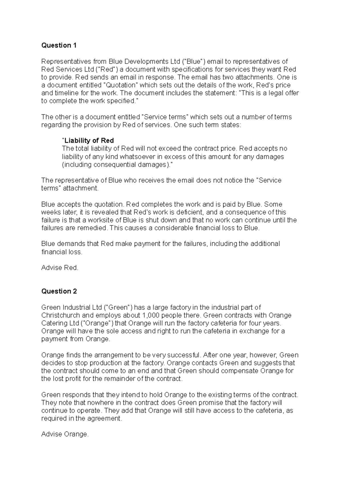 practice exemption clause questions - Question 1 Representatives from ...