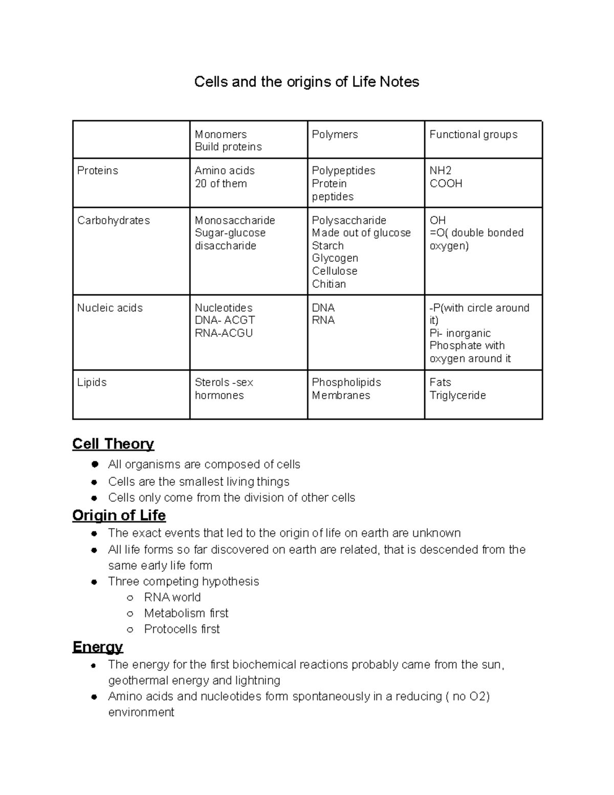 Cells and the Origins of Life Notes - Cells and the origins of Life ...