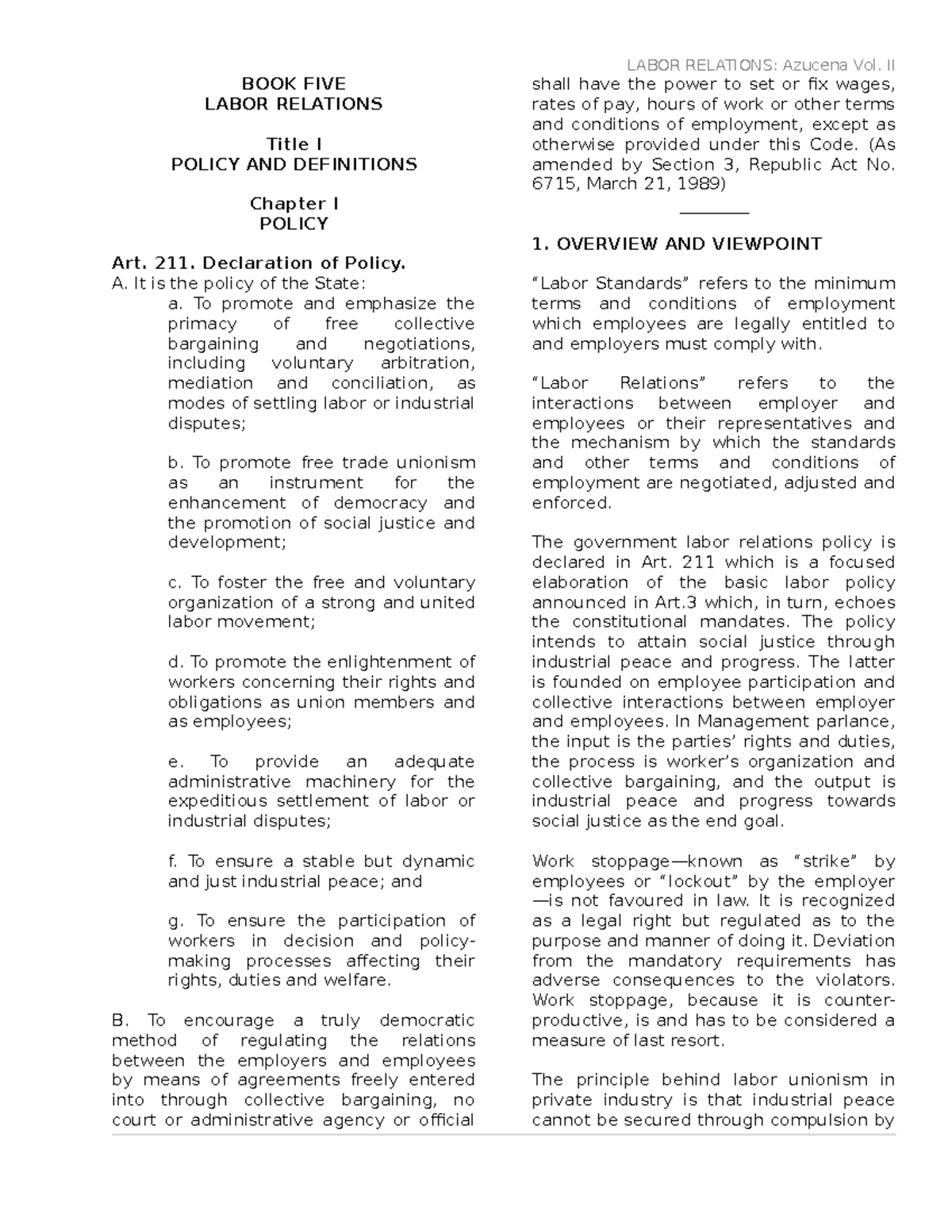 Labor Relations azucena vol II - BOOK FIVE LABOR RELATIONS Title I ...