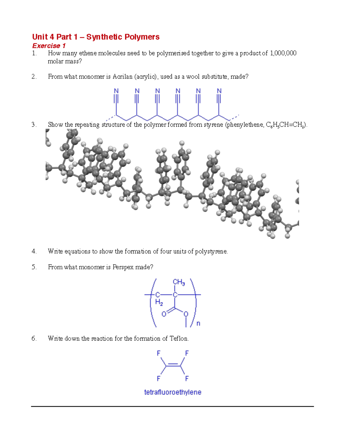U4P1-Exercises - Unit 4 Exercises - Unit 4 Part 1 – Synthetic Polymers ...