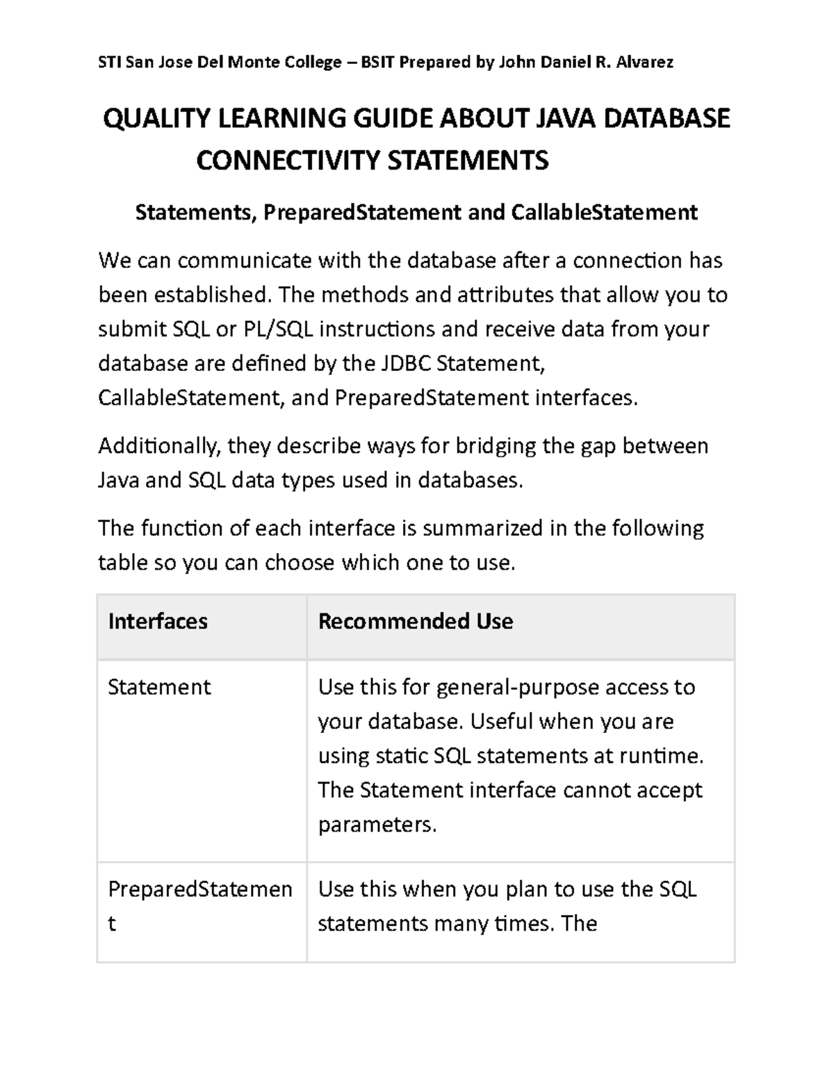 Quality Learning Guide About Java Database Connectivity Statements ...