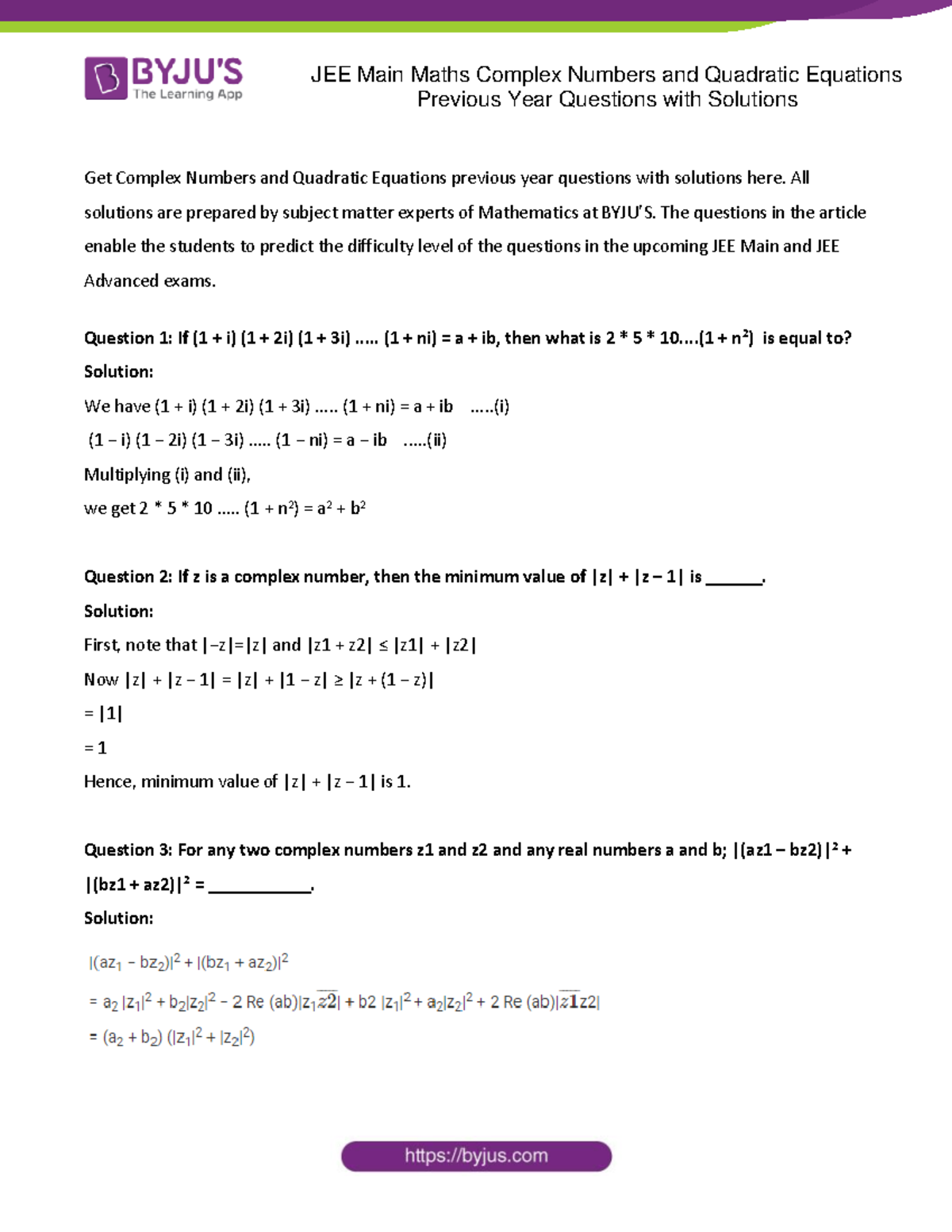 Cmplx and quad byjus - Practice problems in mathematics - Previous Year ...
