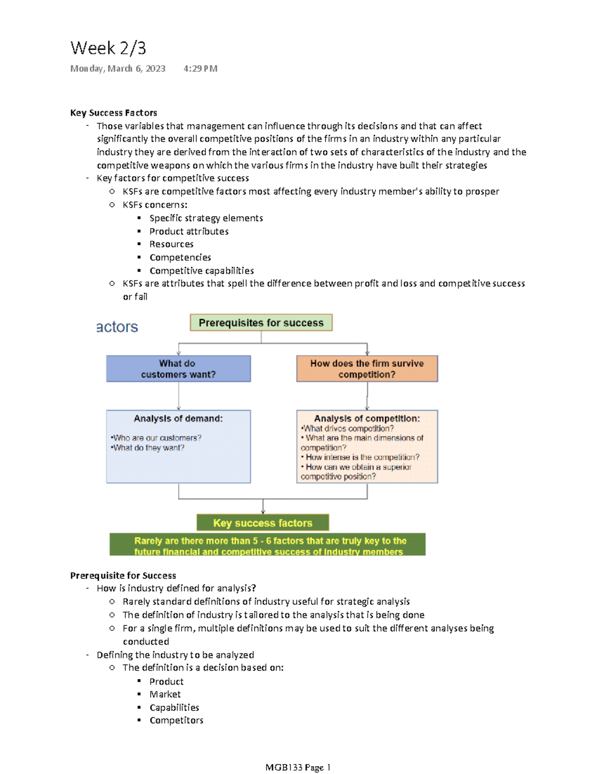 Week 2 - Week 2 Notes - Key Success Factors Those variables that ...