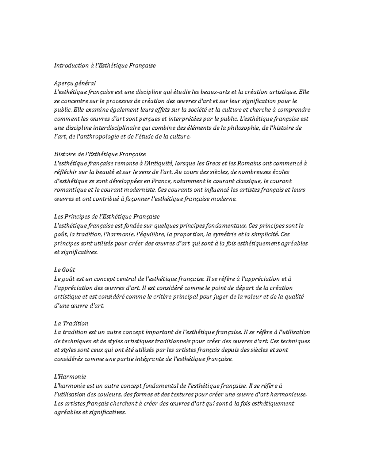 Aesthetics note study - Introduction à l'Esthétique Française Aperçu ...