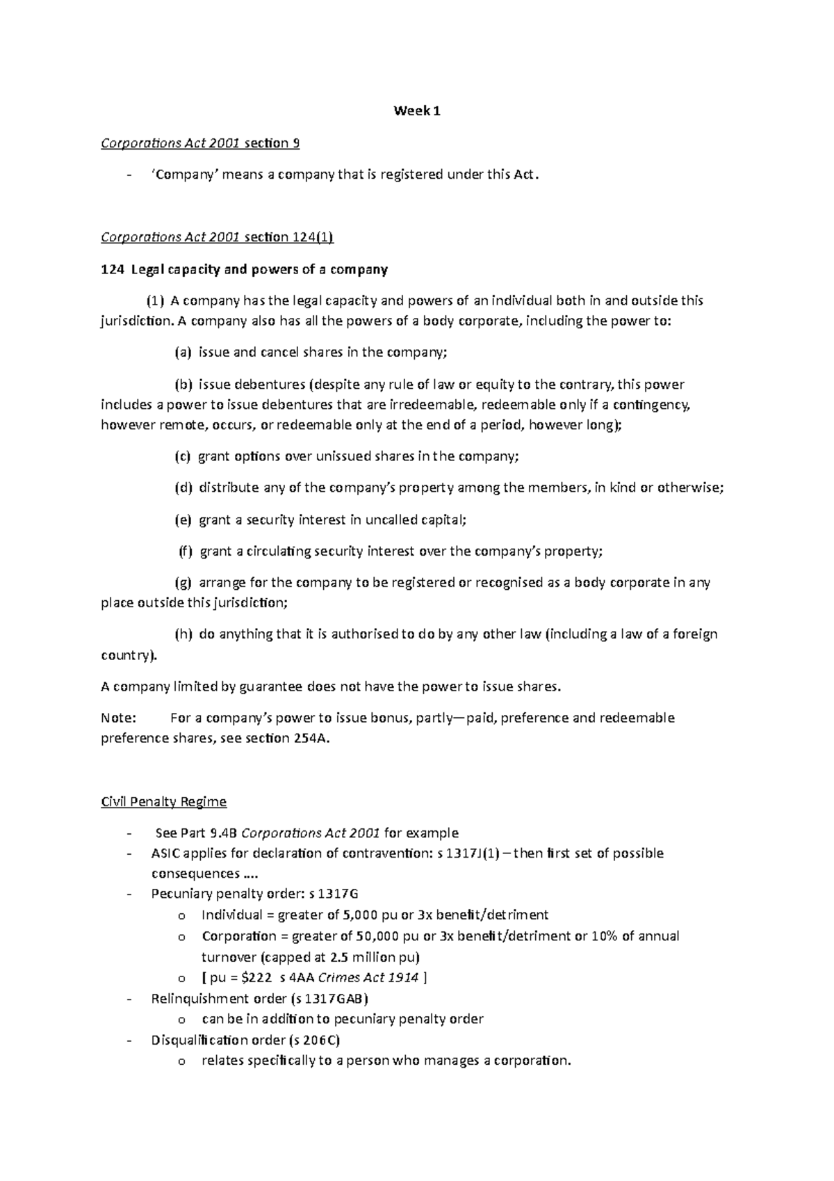 Corps Lec Notes - Week 1 Corporations Act 2001 section 9 ‘Company ...