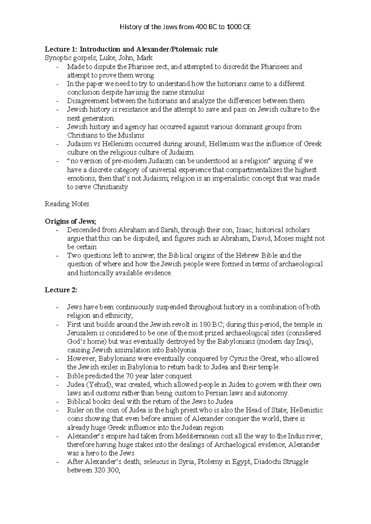 History Of Jews Notes - Lecture 1: Introduction and Alexander/Ptolemaic ...
