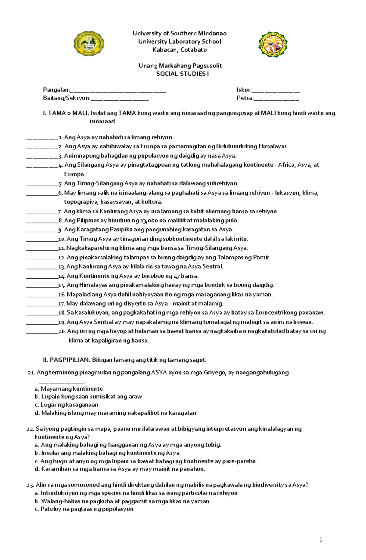 G7 - 1ST Grading EXAM - University of Southern Mindanao University ...