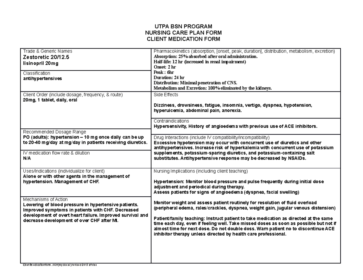 Zestoretic 20-12.5 (lisinopril 20mg) - UTPA BSN PROGRAM NURSING CARE ...