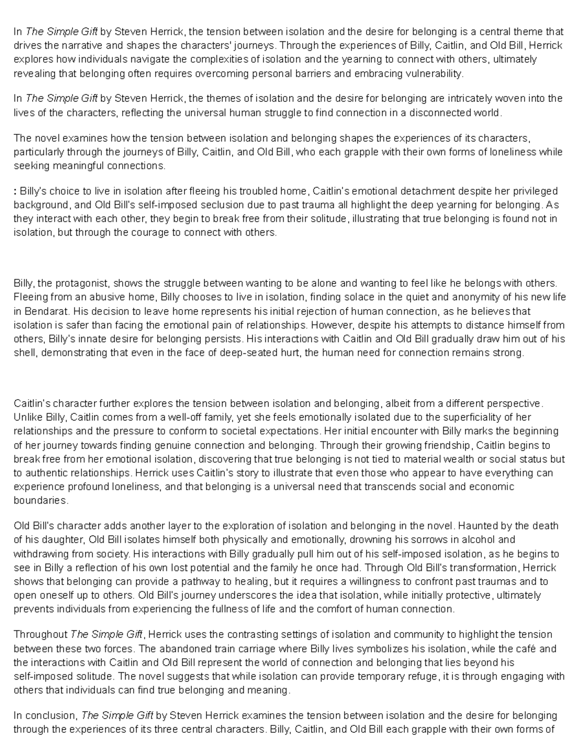 The Simple Gift Draft Essay - In The Simple Gift by Steven Herrick, the ...