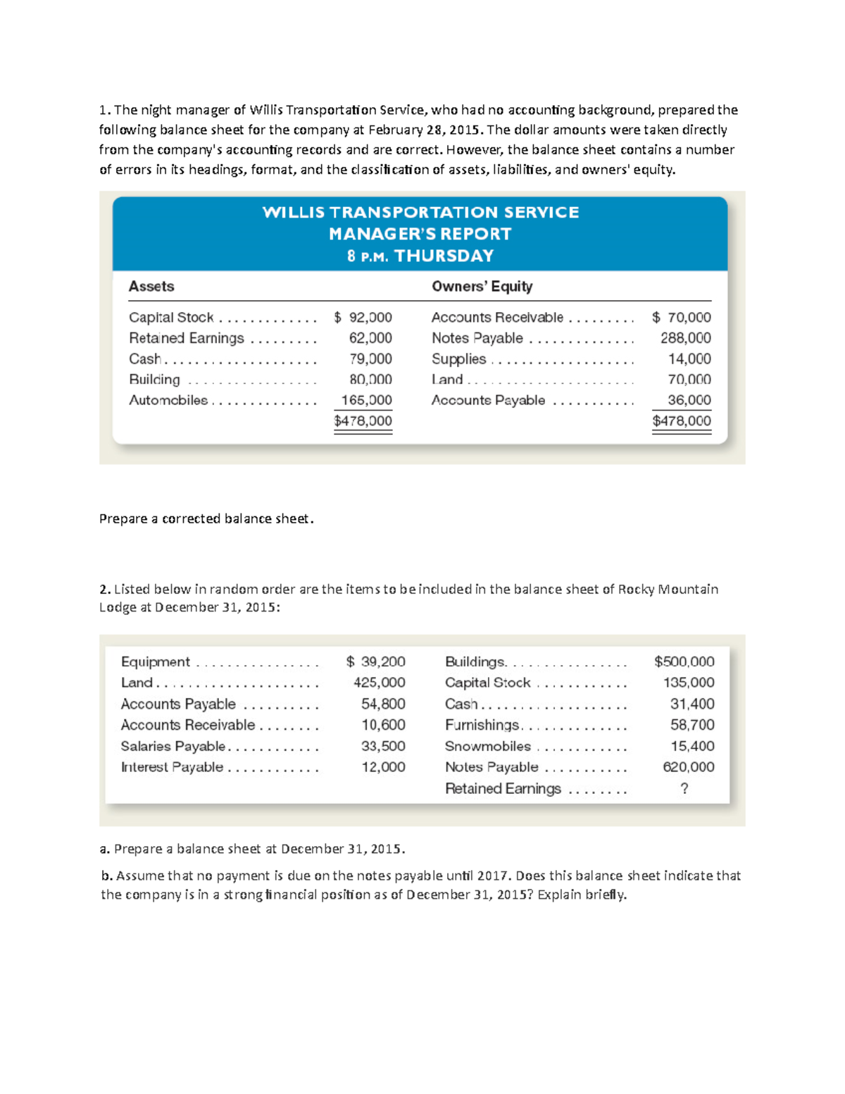 Basic Financial statements Ch 2 exercises - The night manager of Willis ...