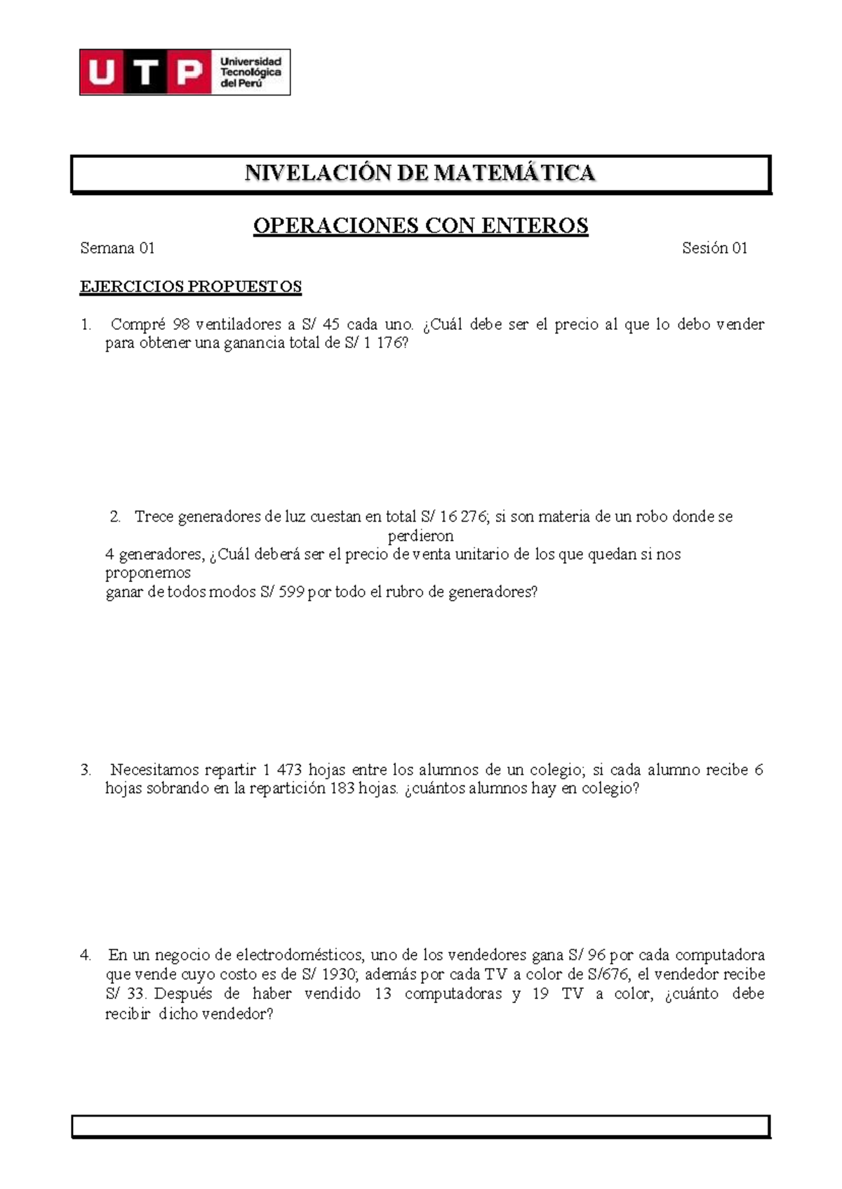 S01.s1 - Resolver Ejercicios - NIVELACIÓN DE MATEMÁTICA OPERACIONES CON ENTEROS Semana 01 Sesión ...