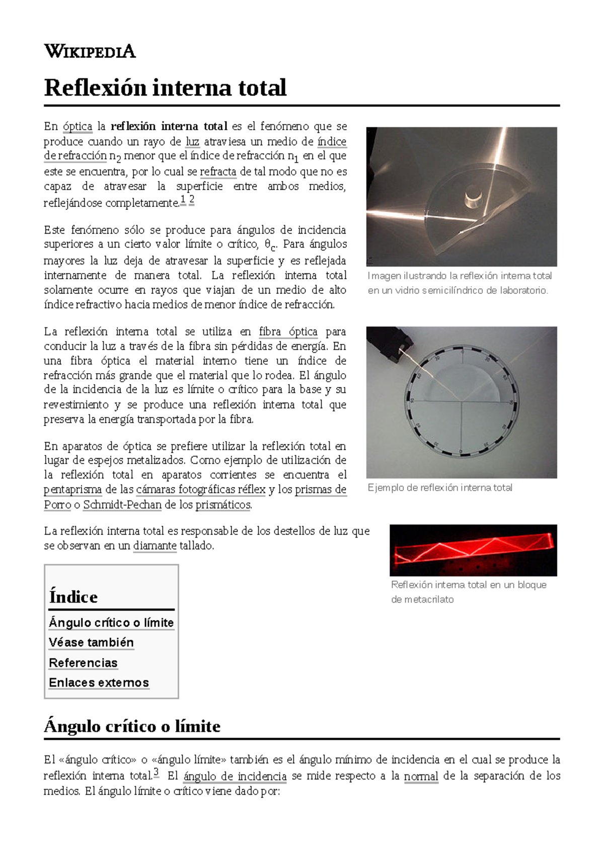 Reflexión interna total - Imagen ilustrando la reflexión interna total ...