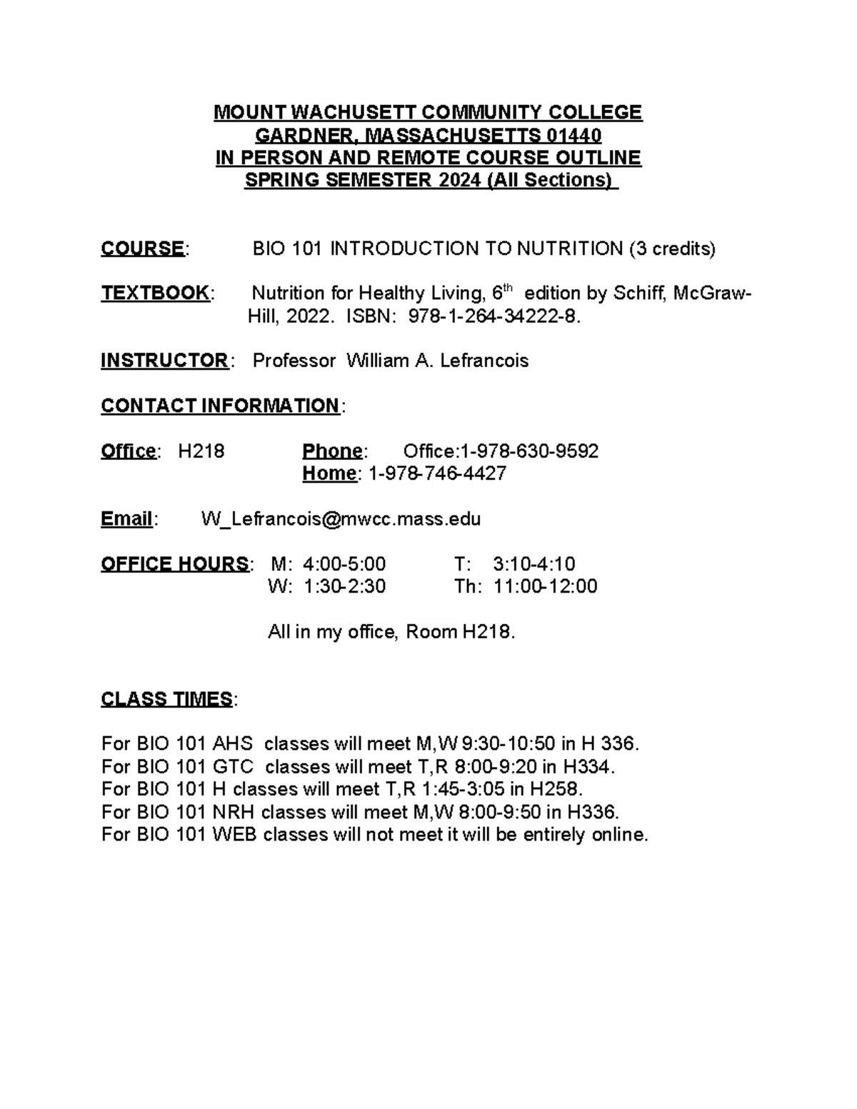 BIO 101 Introduction to Nutrition Syllabus Spring of 2024 - Tagged ...