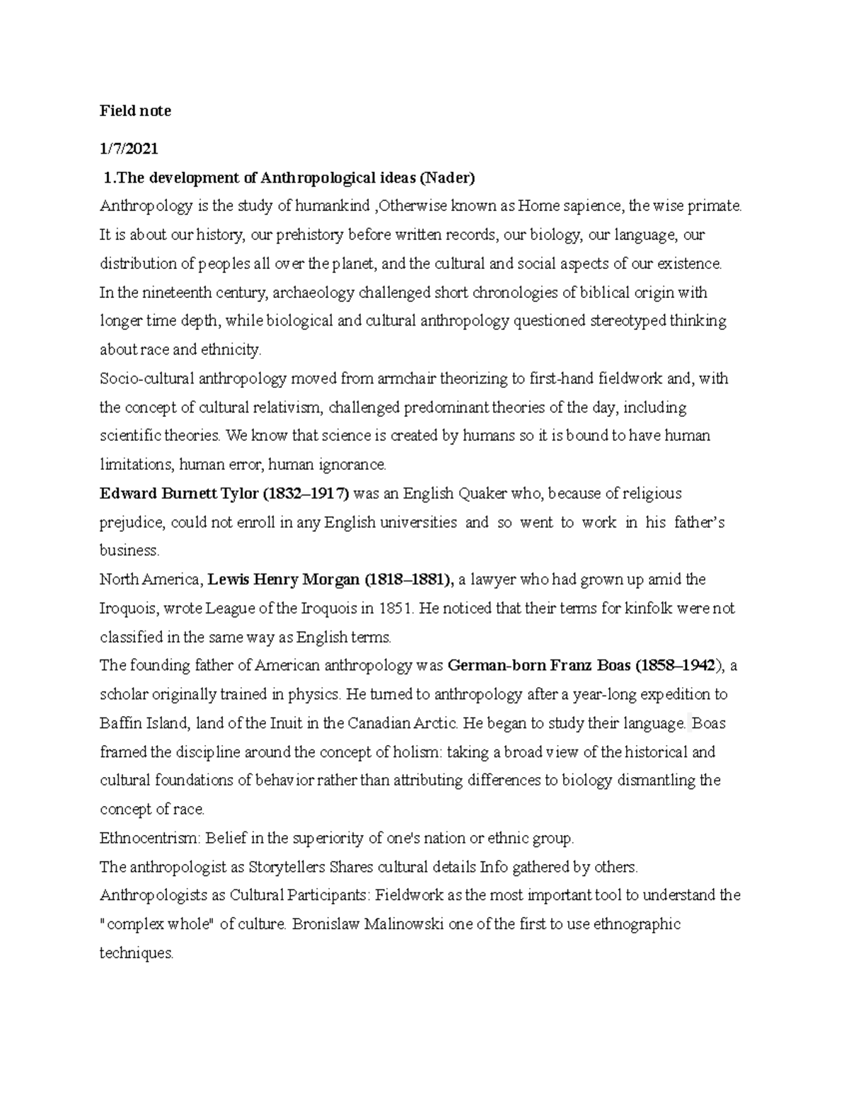 Field NOTE ANTROPOLOGY WEEK 3 - Field note 1/7/ 1 development of ...