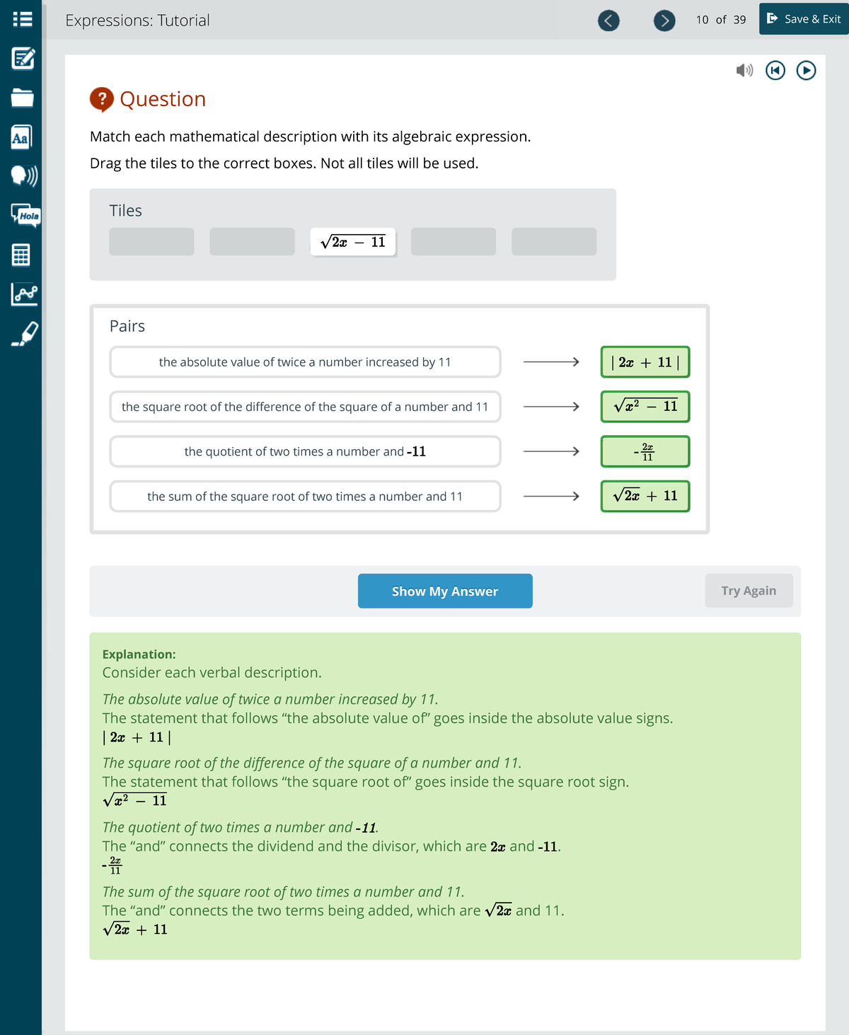 Expressions Tutorial - Edmentum - Question Match each mathematical ...