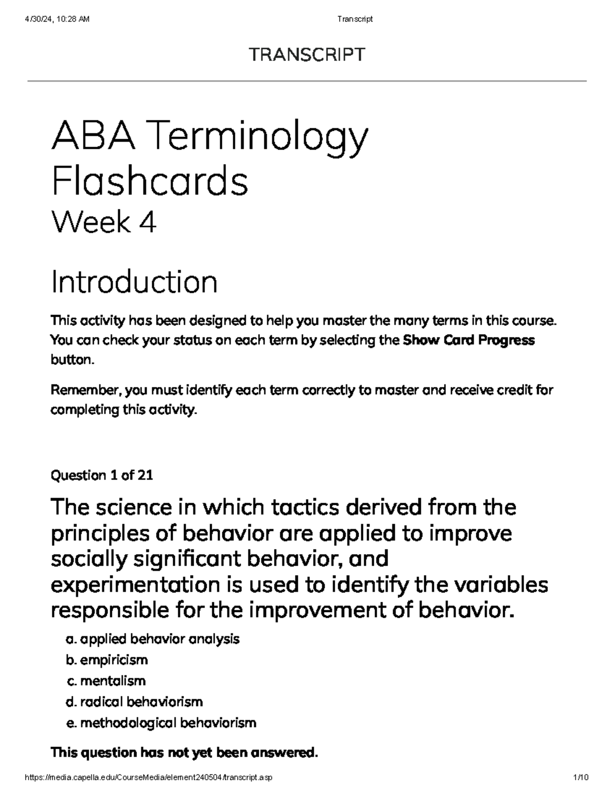 ABA WEEK 4 Flashcards - ABA terms week 1-4 - TRANSCRIPT ABA Terminology Flashcards Week 4 - Studocu