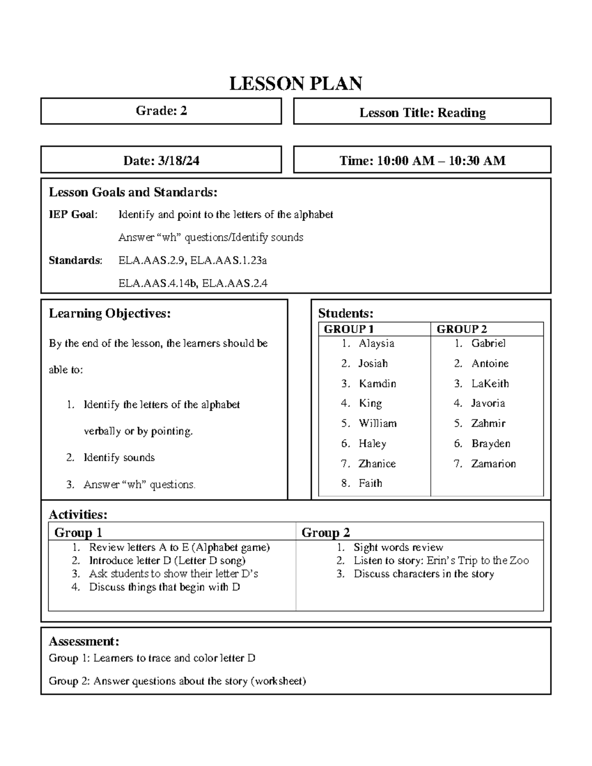 Lesson Plans - notes - Grade: 2 Lesson Title: Reading Activities: Group ...