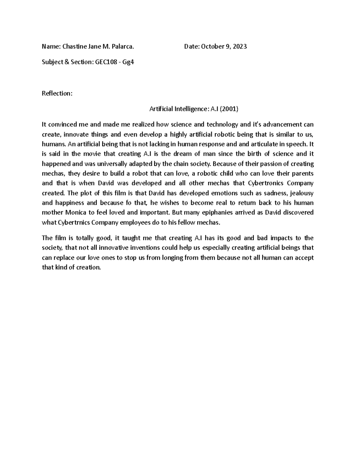 GEC108- Reflection - Name: Chastine Jane M. Palarca. Date: October 9 ...