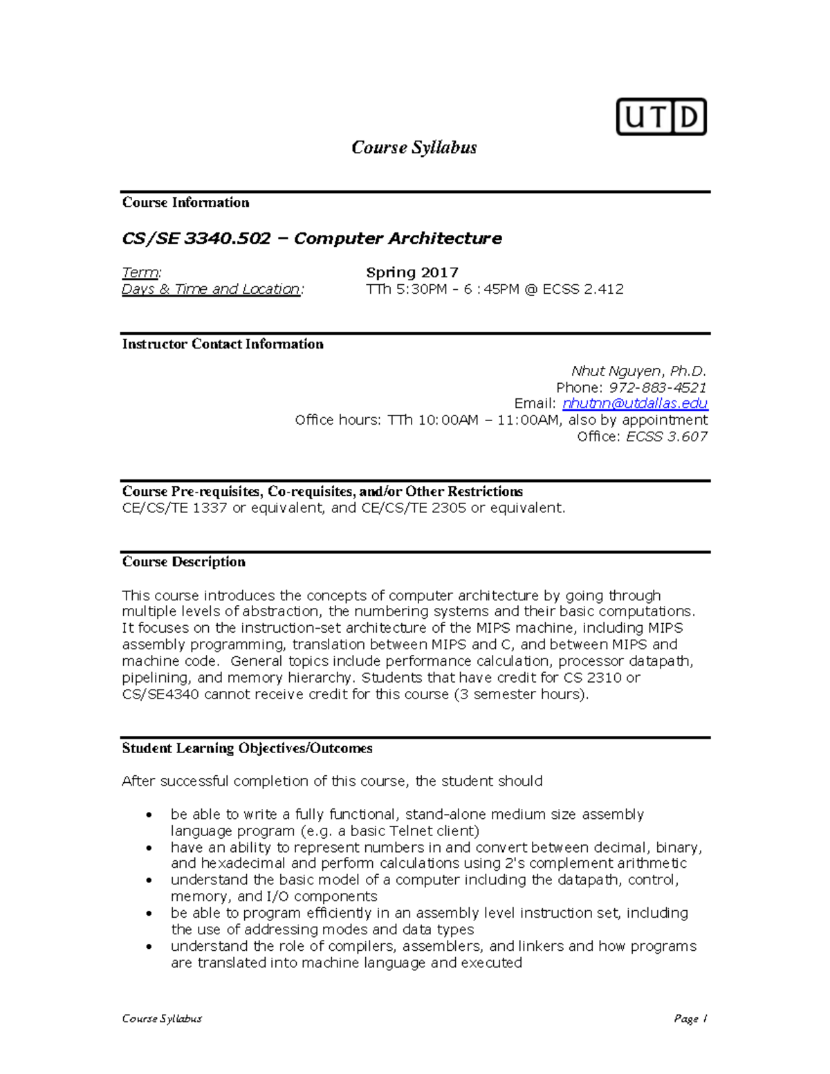 CS-3340 Computer Architecture Nhut Nguyen 2017 spring - Course Syllabus ...
