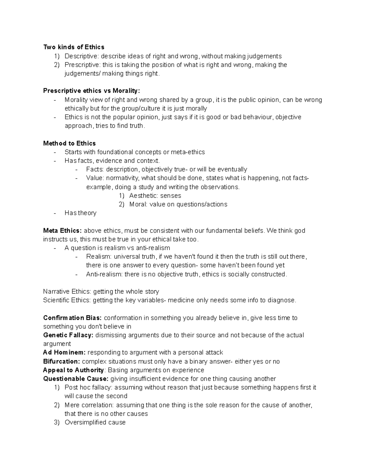 Health sci 2610 Review - Two kinds of Ethics 1) Descriptive: describe ...
