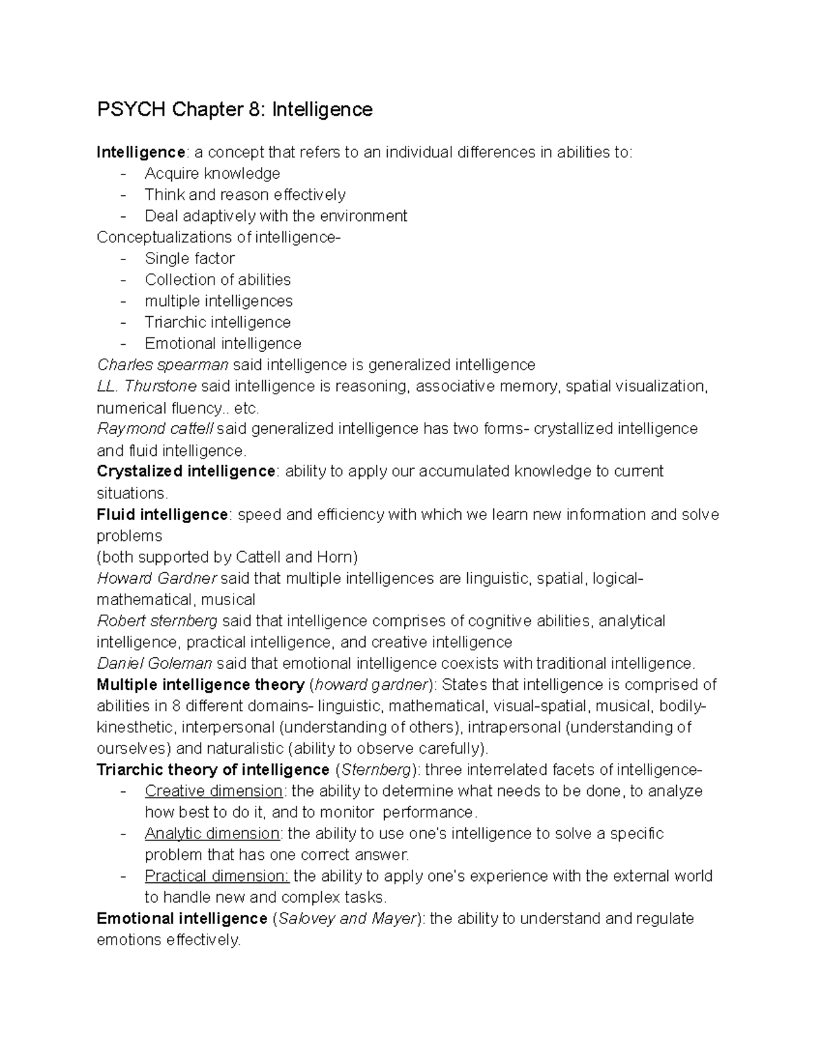 Psych 111 chapter 8: Intelligence - PSYCH Chapter 8: Intelligence Intelligence: a concept that ...