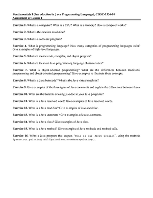 Assessment Lesson 2 - summer 2011 - Fundamentals I (Introduction in Java Programming Language ...