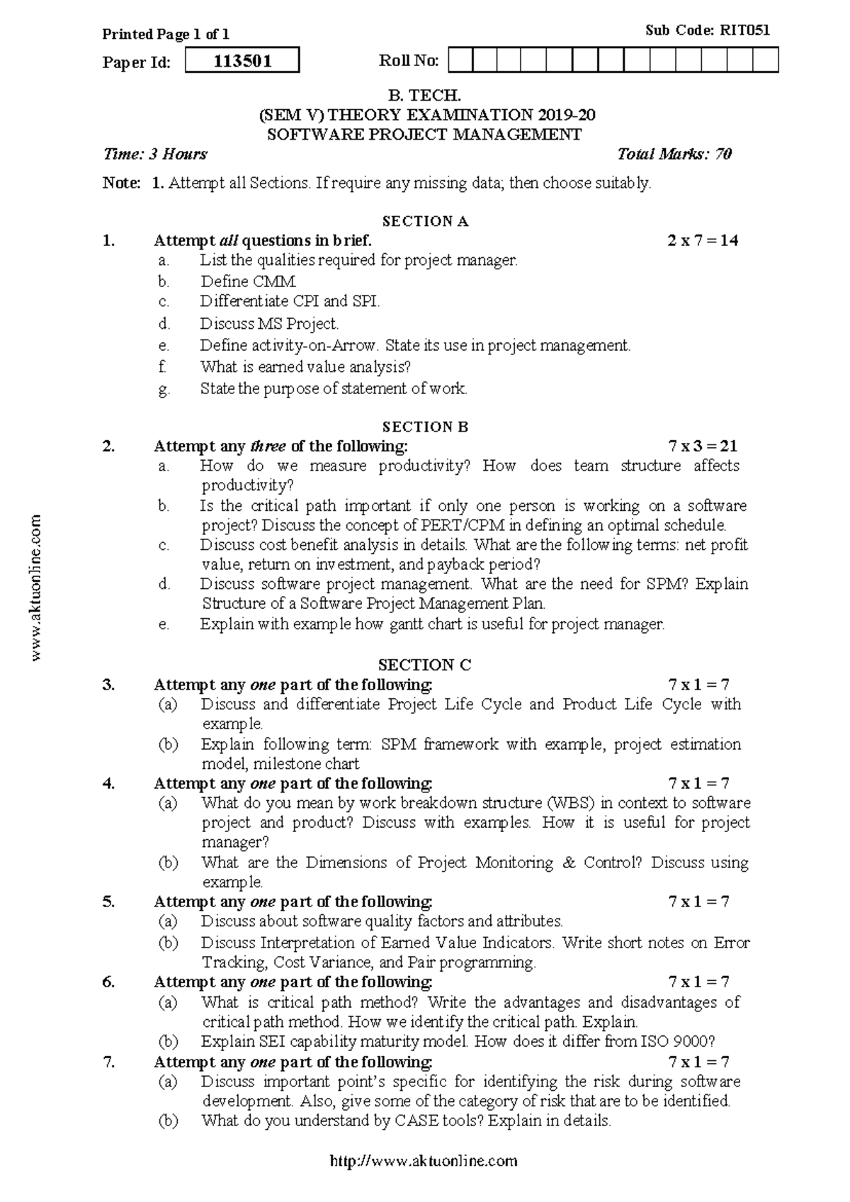 Btech it 5 sem software project management rit051 2020 - Printed Page 1 of 1 Sub Code: RIT Paper ...