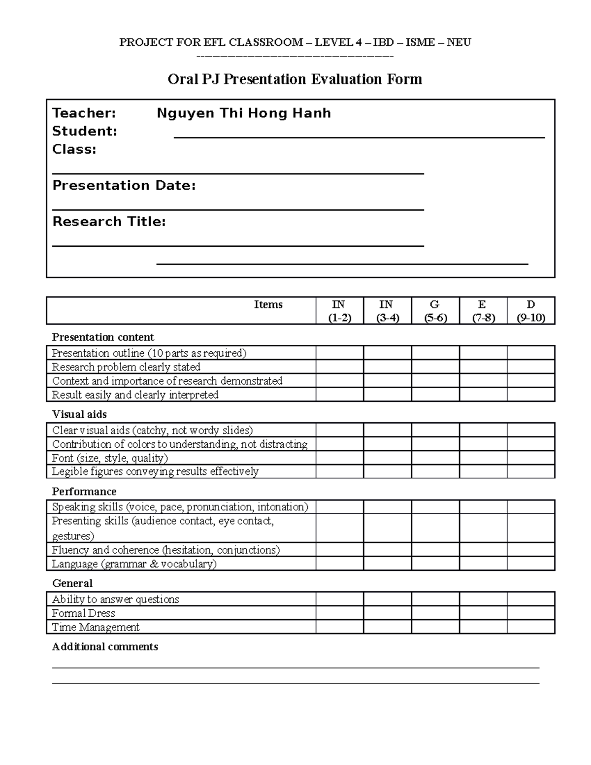 Oral research representation evaluation form - PROJECT FOR EFL ...