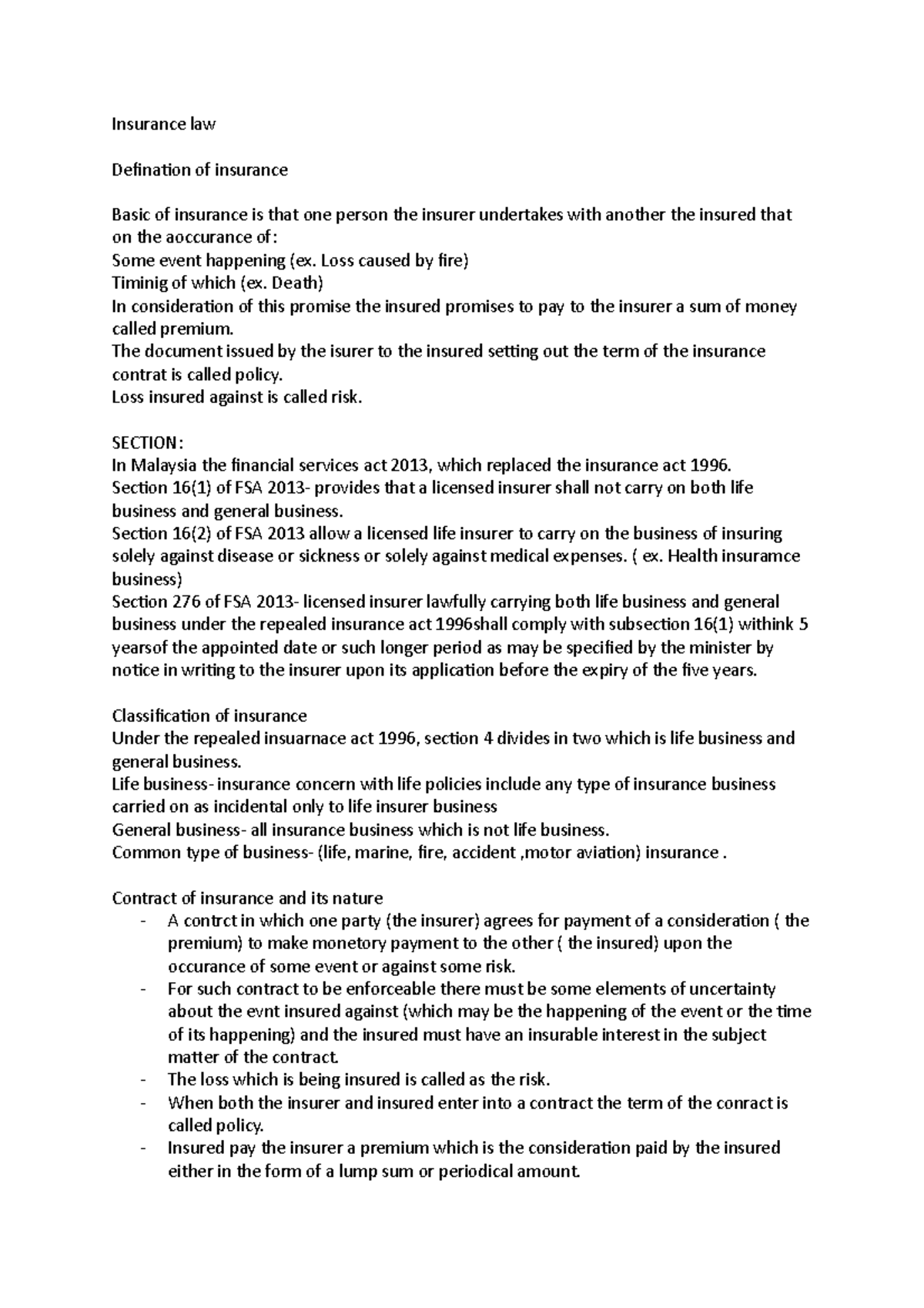4::Insurance law - additional notes - Insurance law Defination of ...