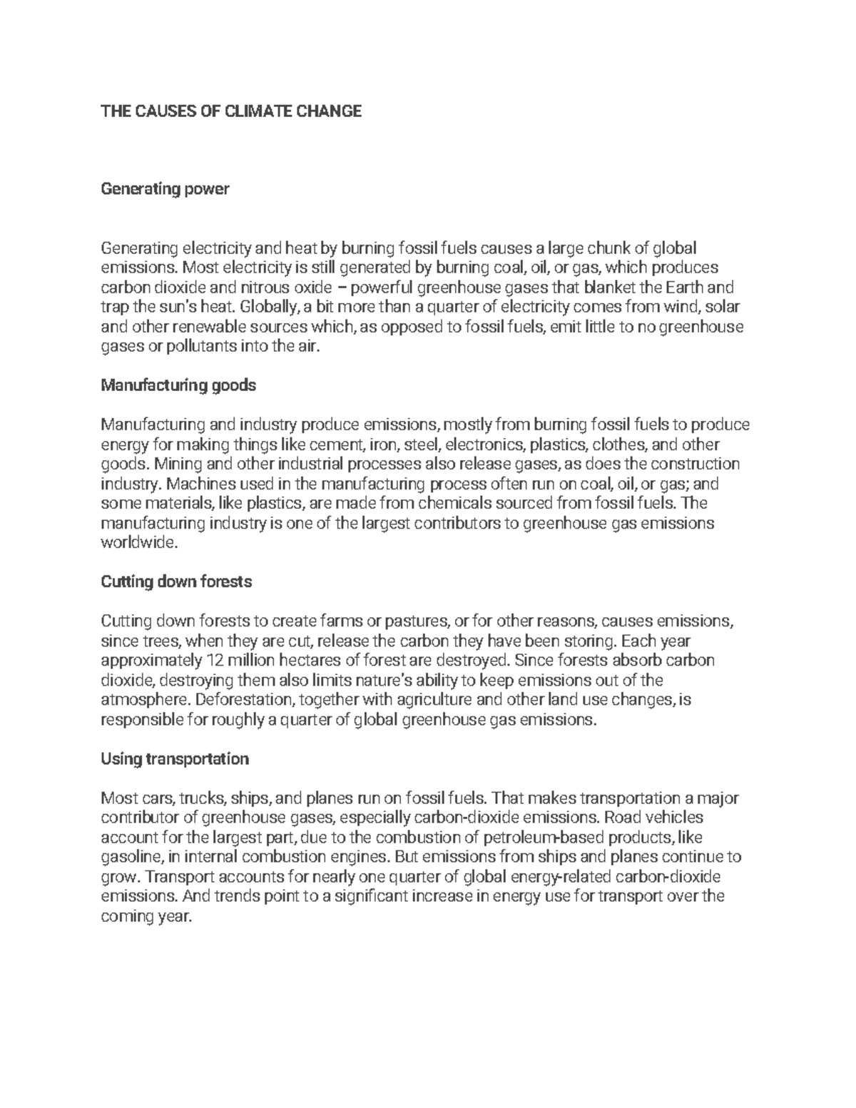 Climate change - THE CAUSES OF CLIMATE CHANGE Generating power ...