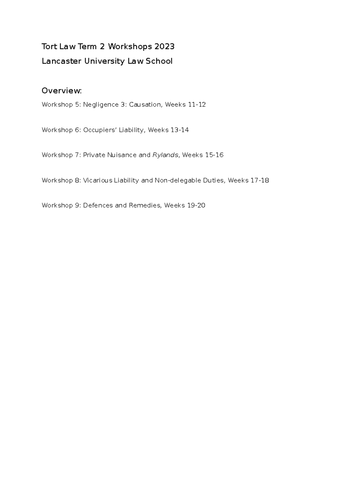 Tort Law Term 2 Workshops 22-23 - Tort Law Term 2 Workshops 2023 ...