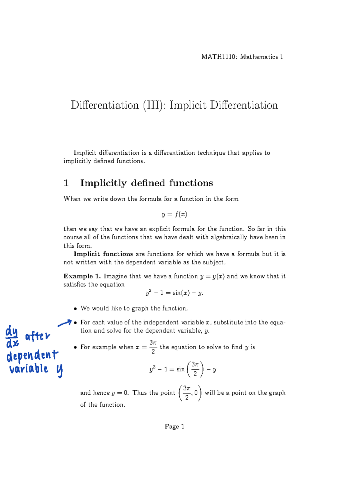 MATH1110 - Lecture 15 - Differentiation III - Differentiation (III): Implicit Differentiation ...