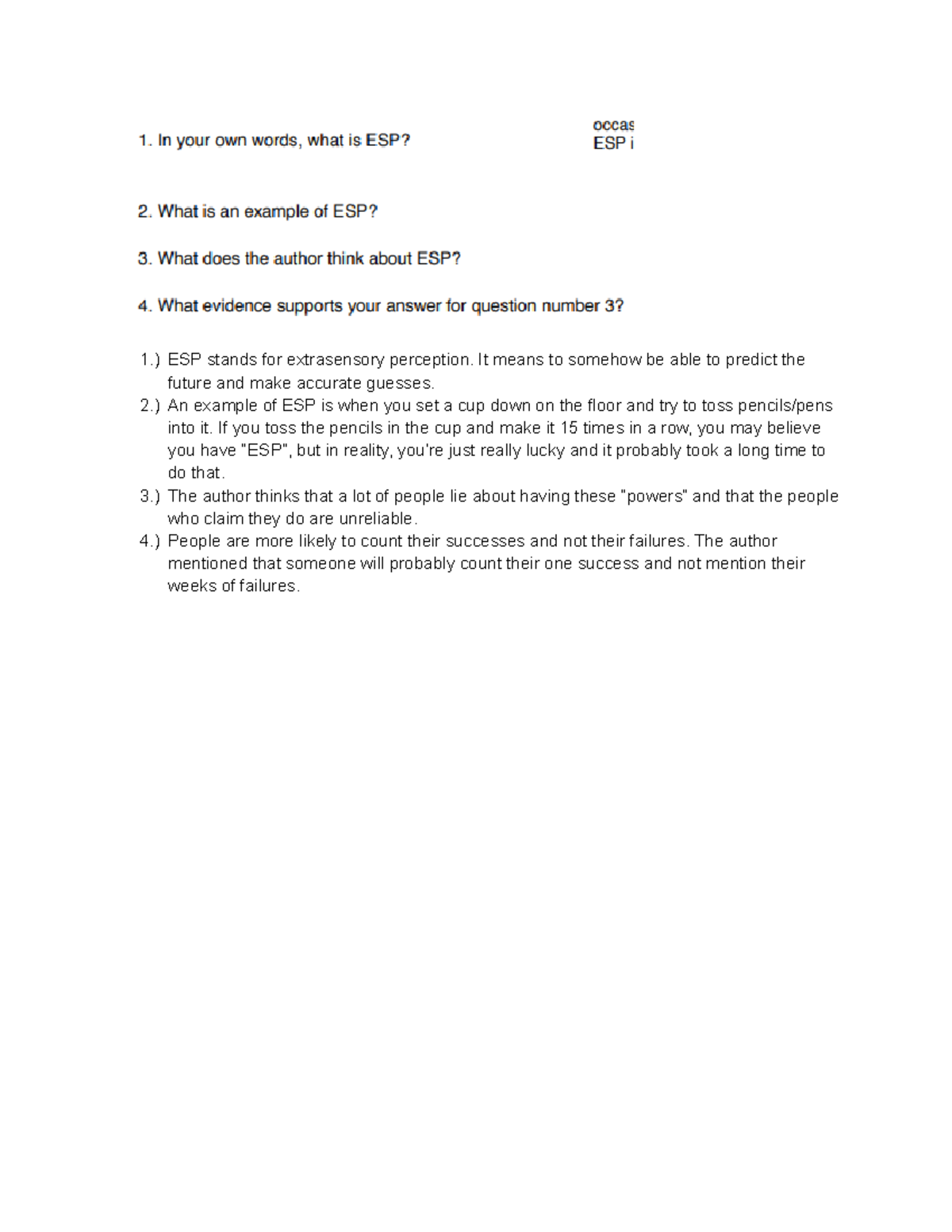 Unit 2 Lesson 1 ESP - 1.) ESP stands for extrasensory perception. It ...