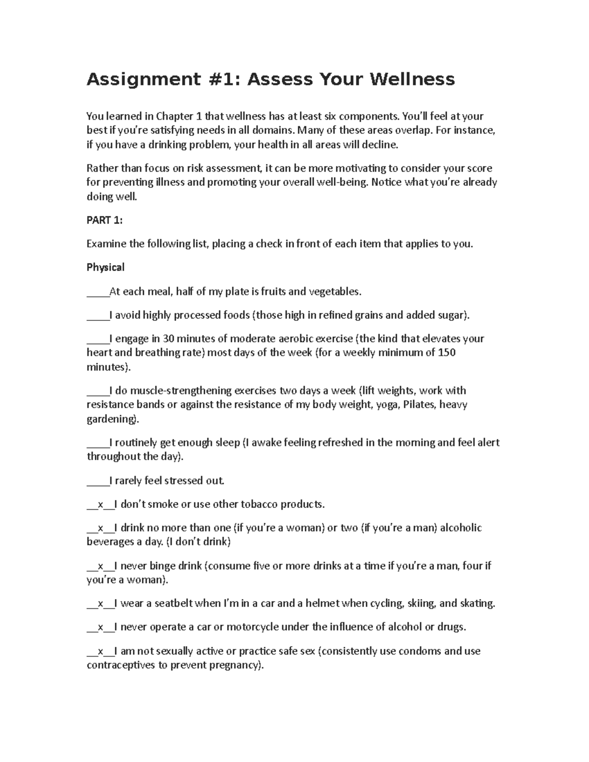 Wellness Assessment - Assignment #1: Assess Your Wellness You learned ...