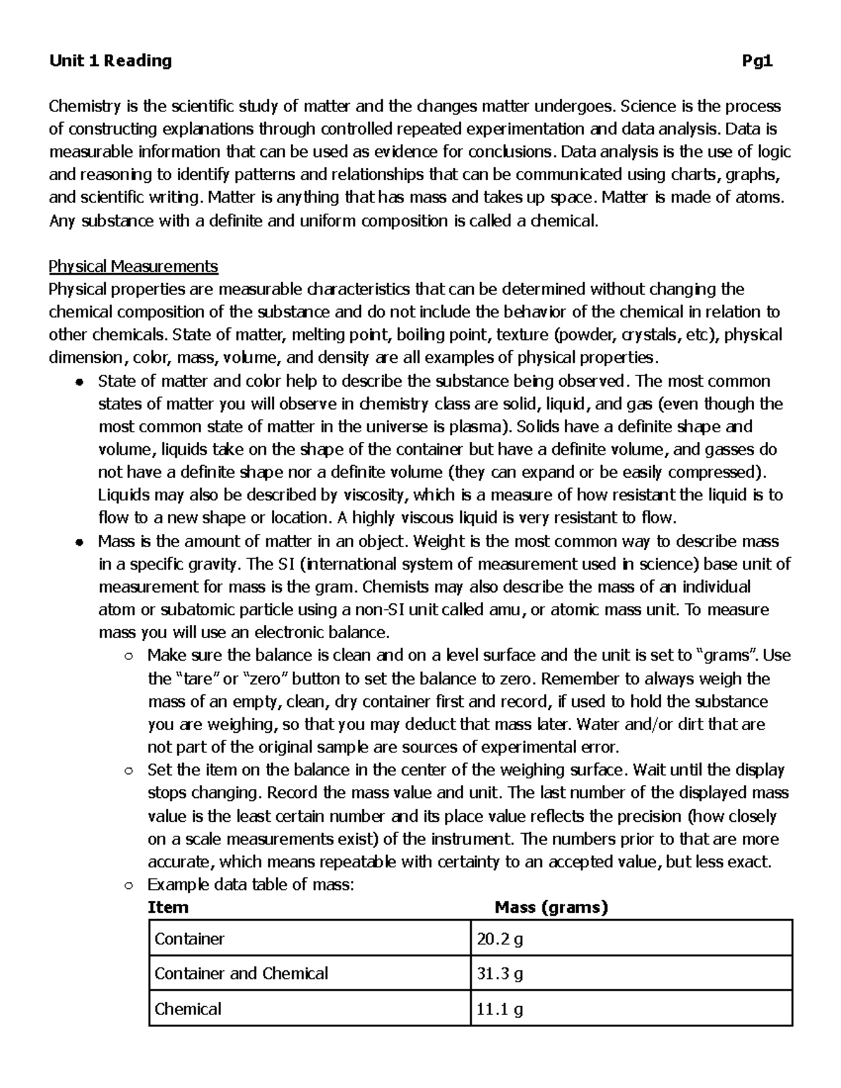 Unit 1 Reading What's the Matter -1 - Unit 1 Reading Pg Chemistry is ...