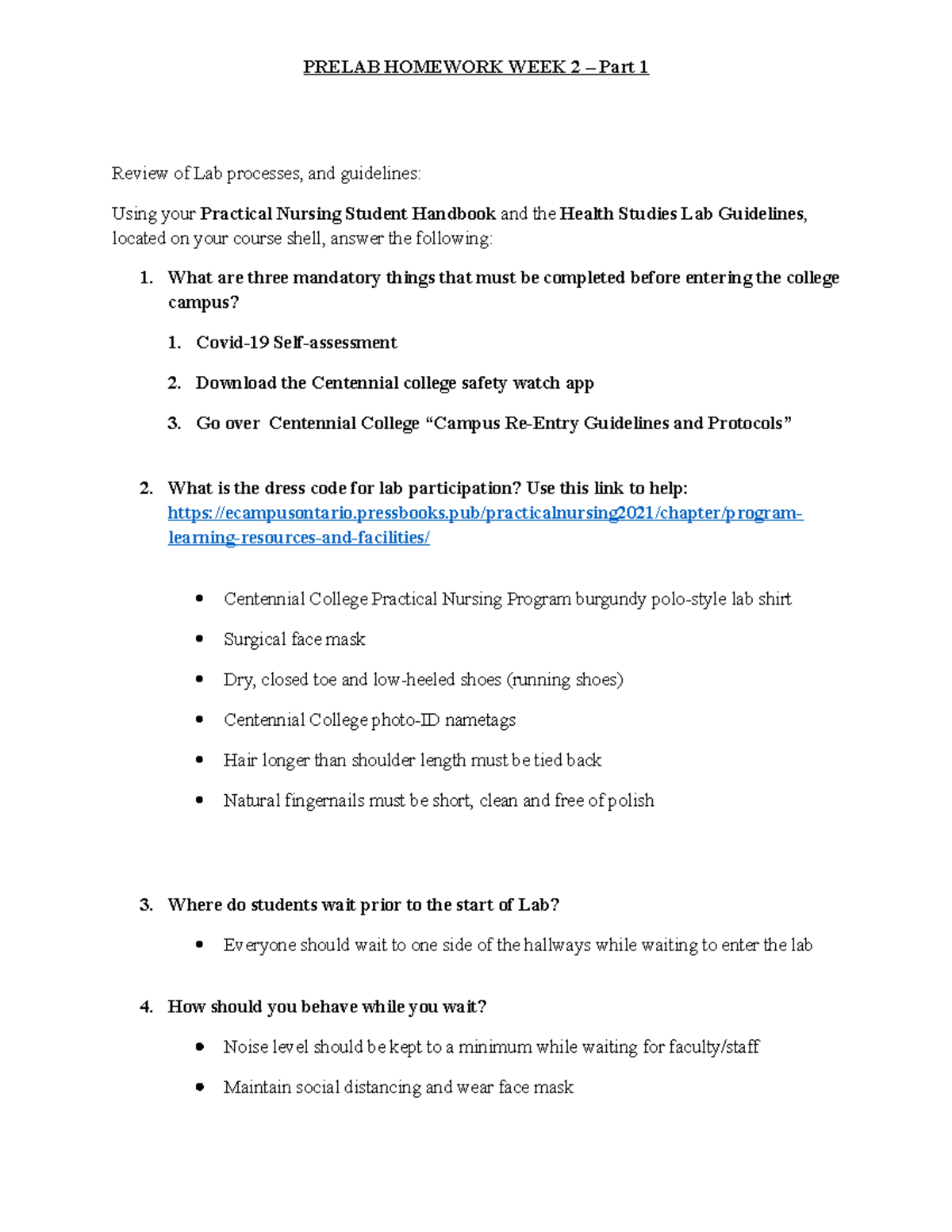 Week 2 Part 1 Prelab Homework - Review of Lab processes, and guidelines ...