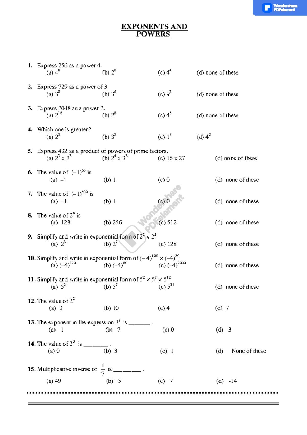 Exponents AND Powers-8th Class Maths - EXPONENTS AND POWERS ####### 1 ...
