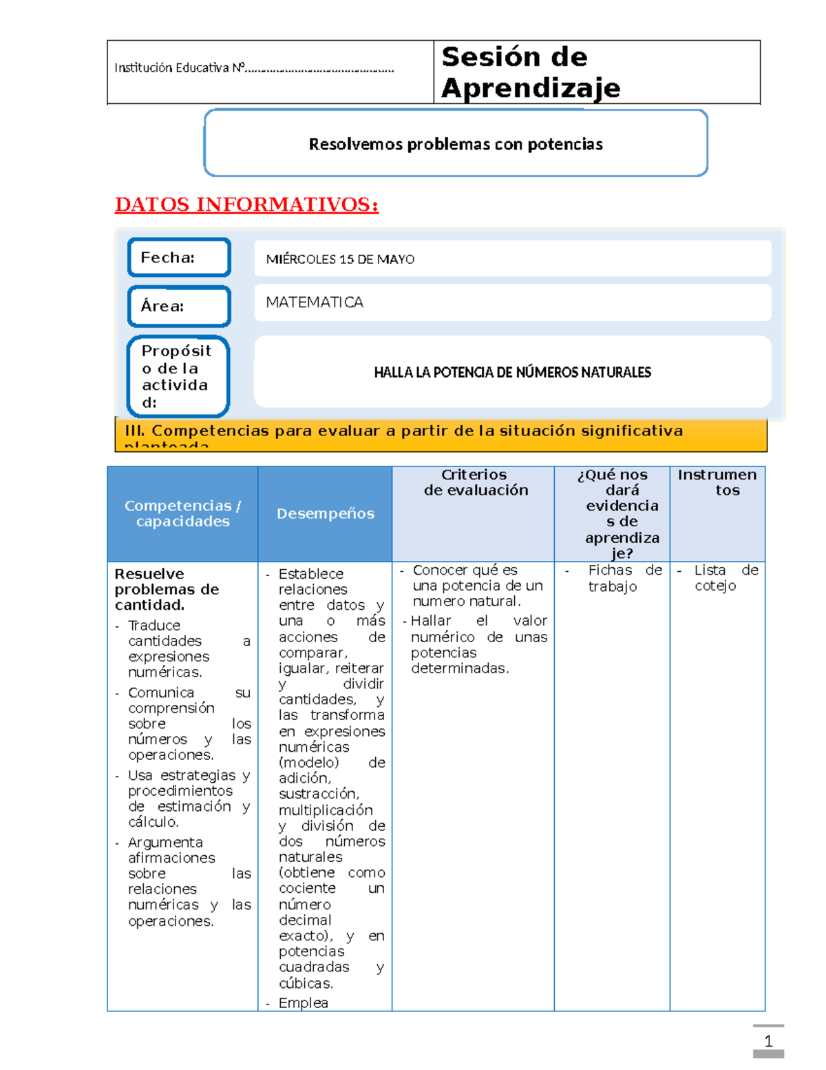 5° ACT 15 MAYO N°2 MATE - sesion de aprendizaje - Aprendizaje DATOS INFORMATIVOS: Competencias ...