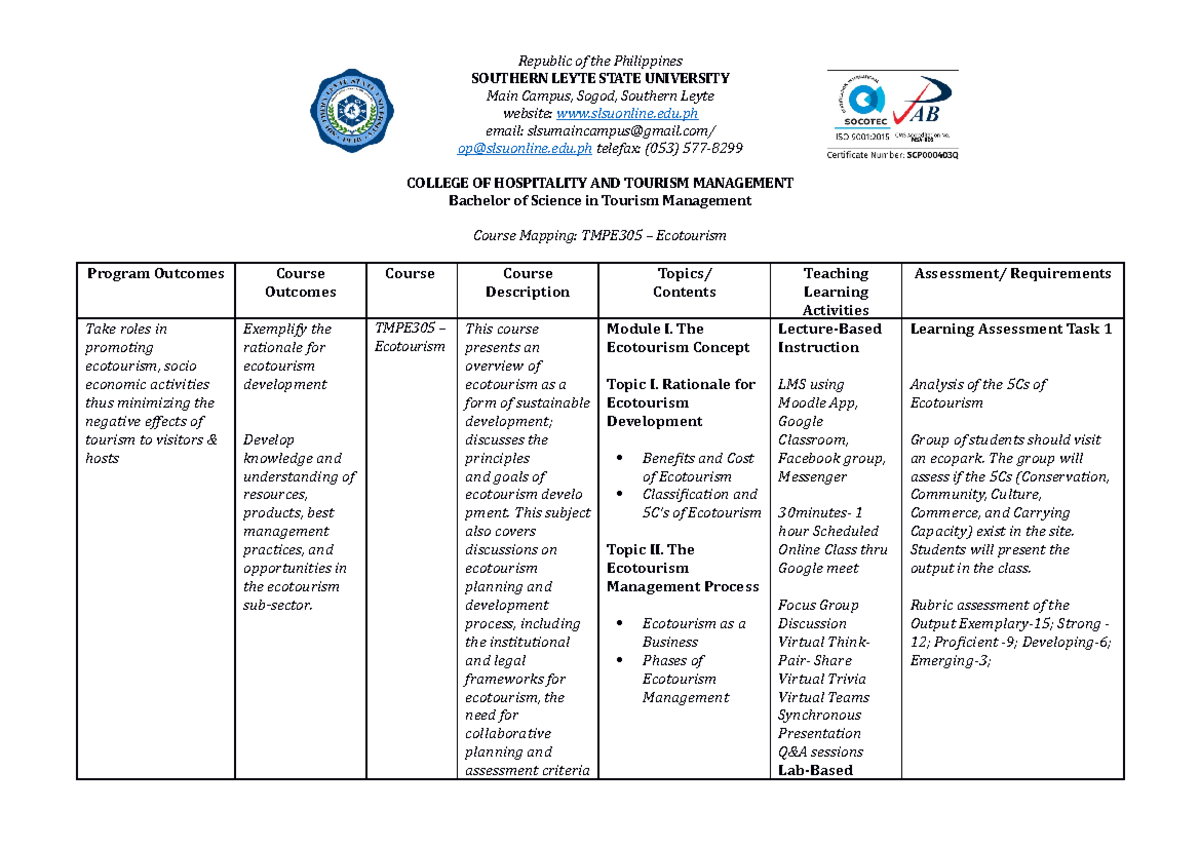 Ecotourism Course Mapping 2021-2022 - Republic of the Philippines ...