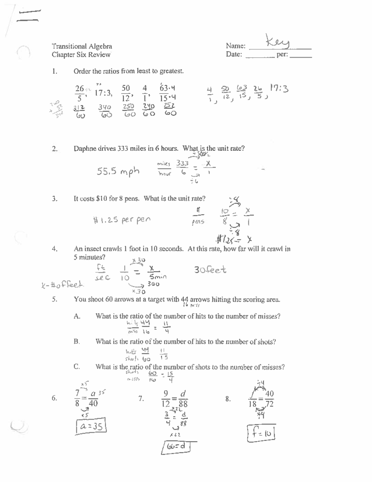 A 16 Chapter 6 Review KEY - Transitional Algebra Name: key Chapter Six ...