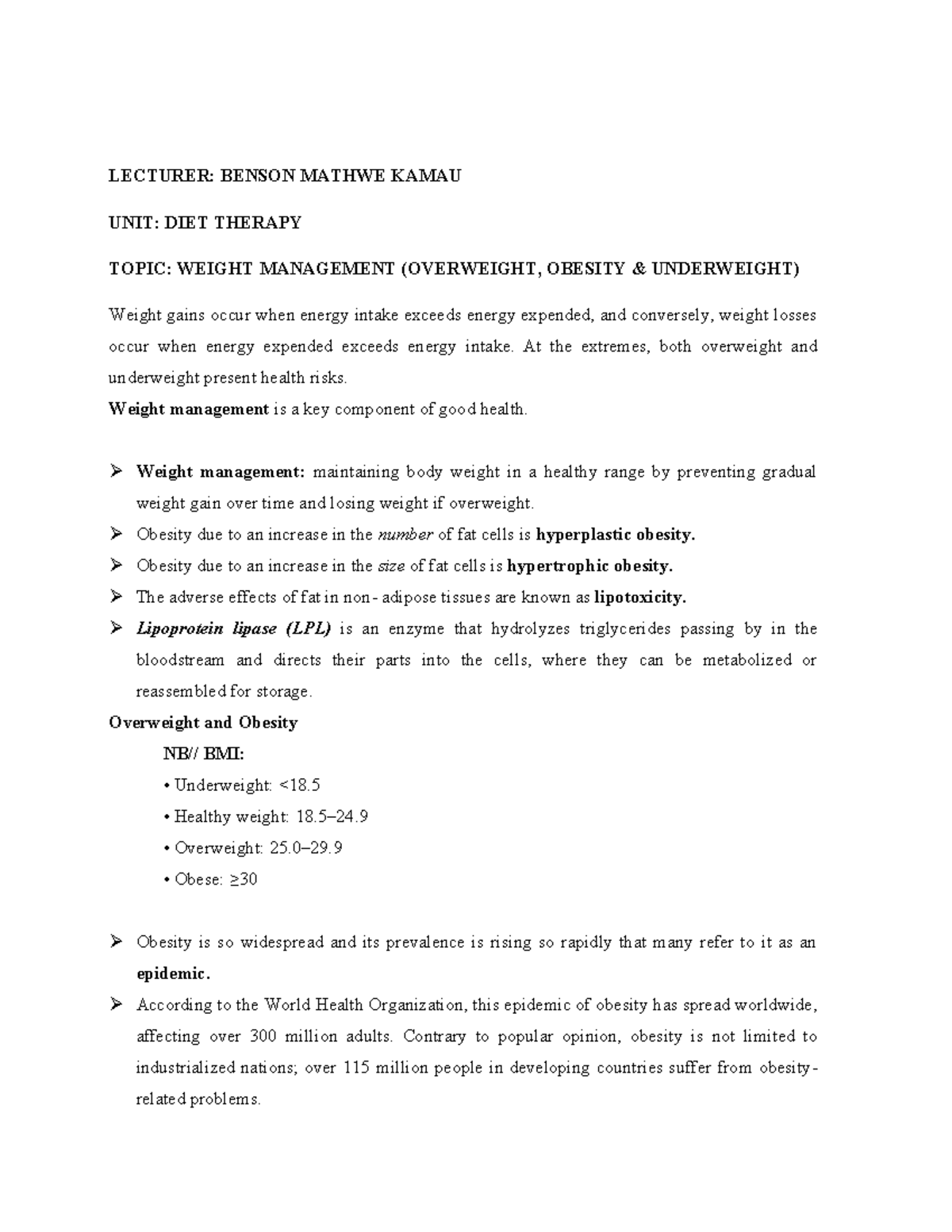 Weight Management - This notes are meant for college students ...