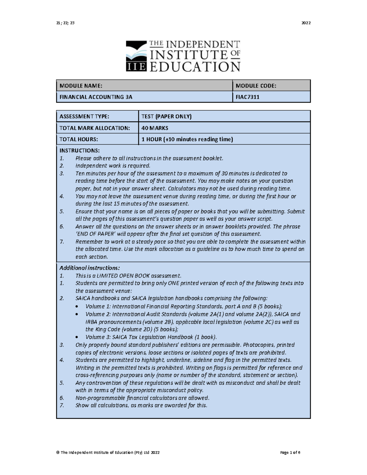 FIAC7311T2a - past paper - MODULE NAME: MODULE CODE: FINANCIAL ...