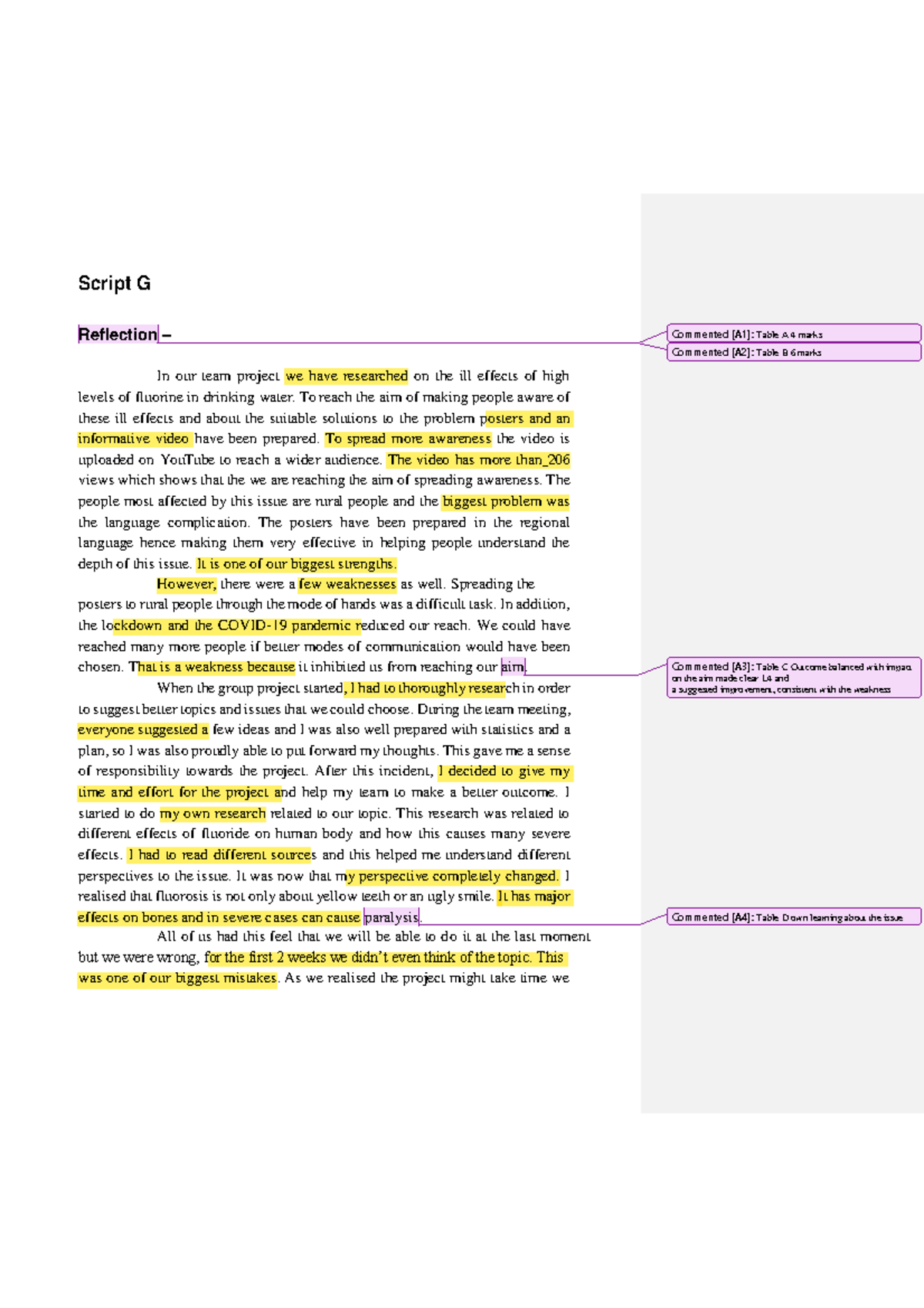 Reflective Paper sample - Script G Reflection – In our team project we ...