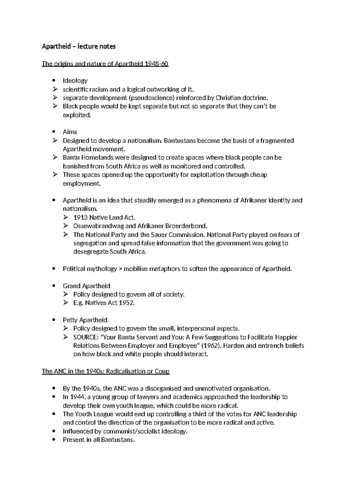 Apartheid - lecture notes - Apartheid – lecture notes The origins and ...