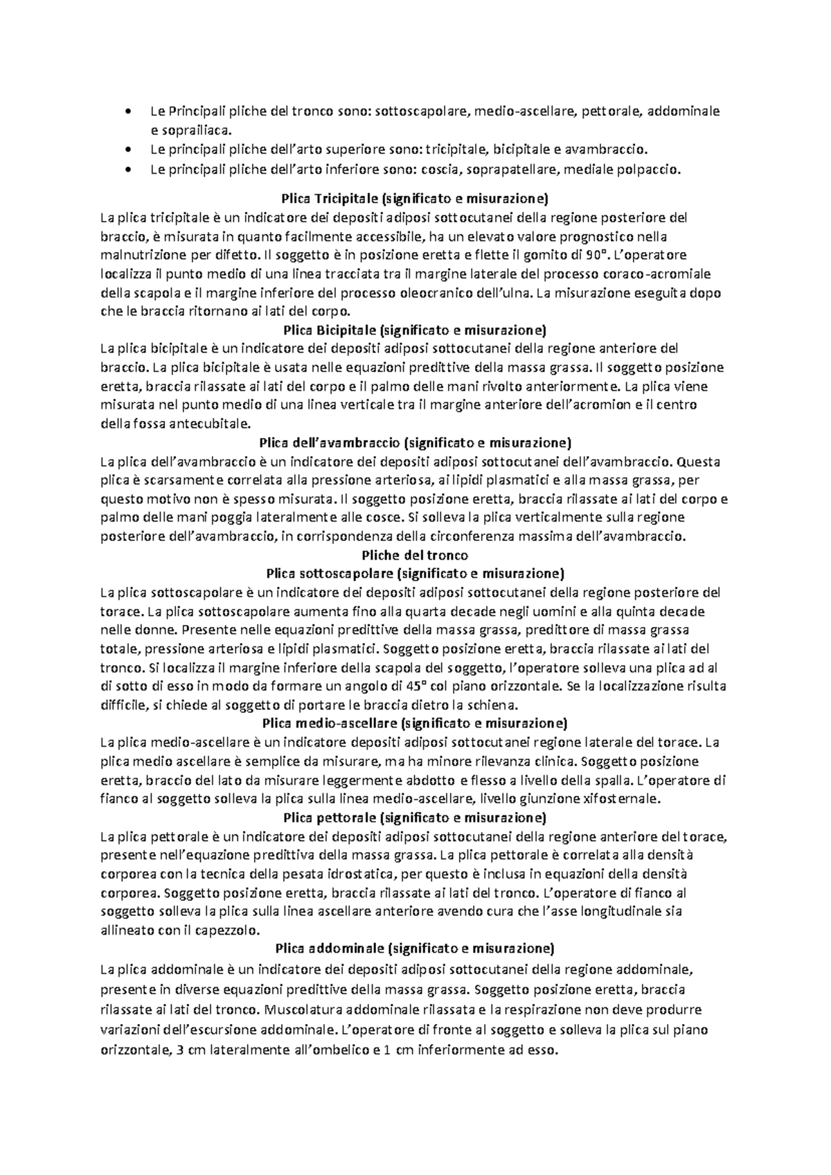 Riassunto Valutazione Antropometrica 3 - Le Principali pliche del ...