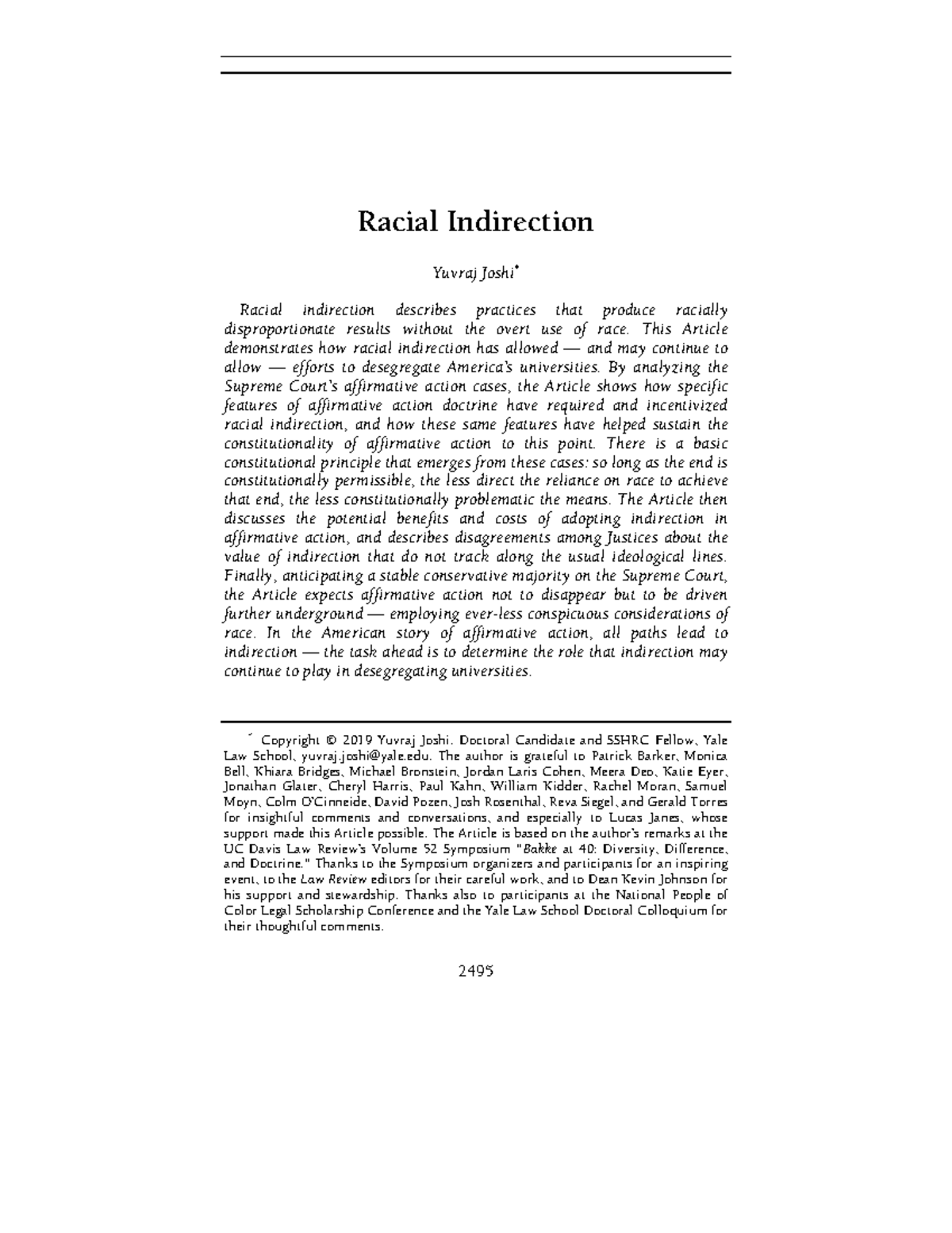 AM20Education Law Joshi Paper - 2495 Racial Indirection Yuvraj Joshi∗ ...