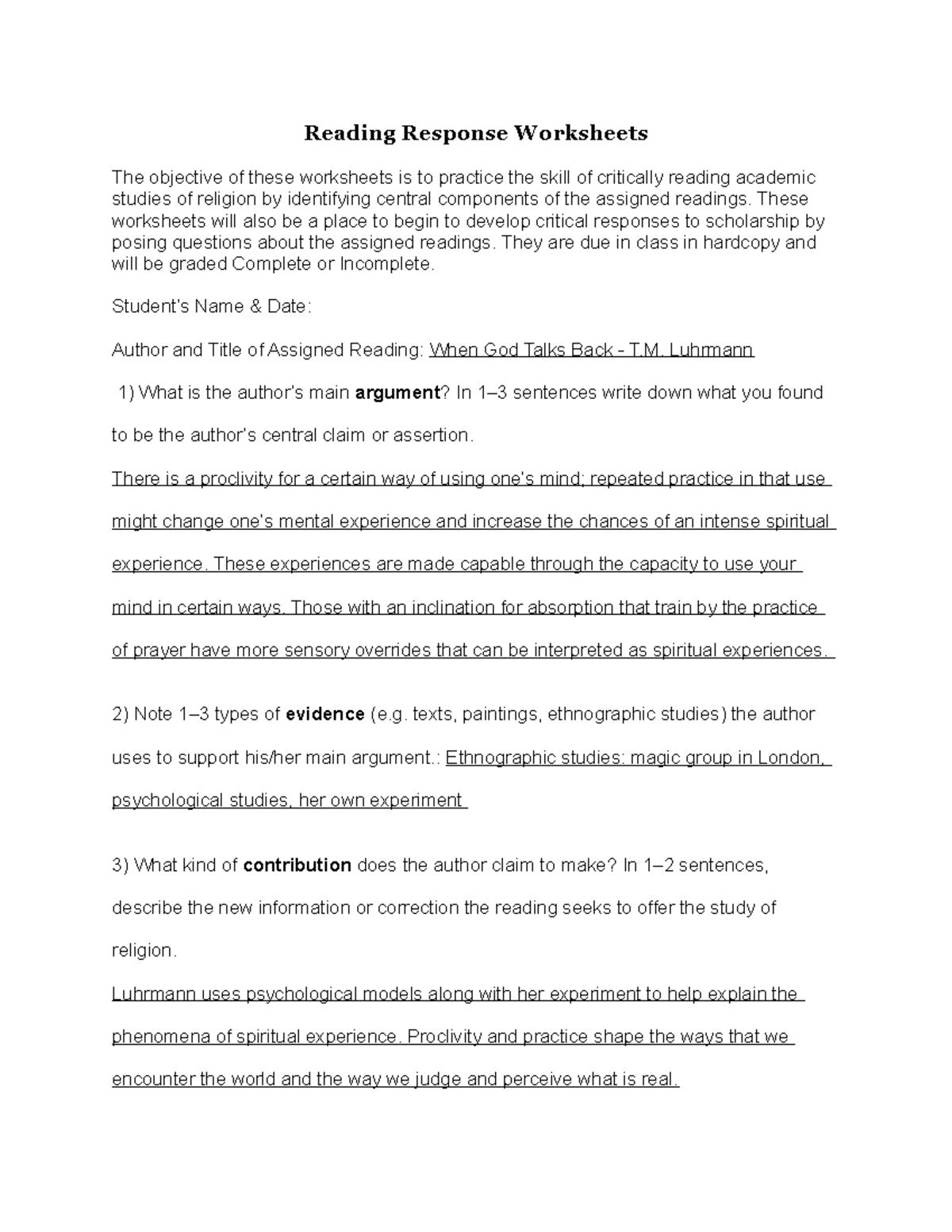 When God Talks Back Reading Response Worksheet - Reading Response ...
